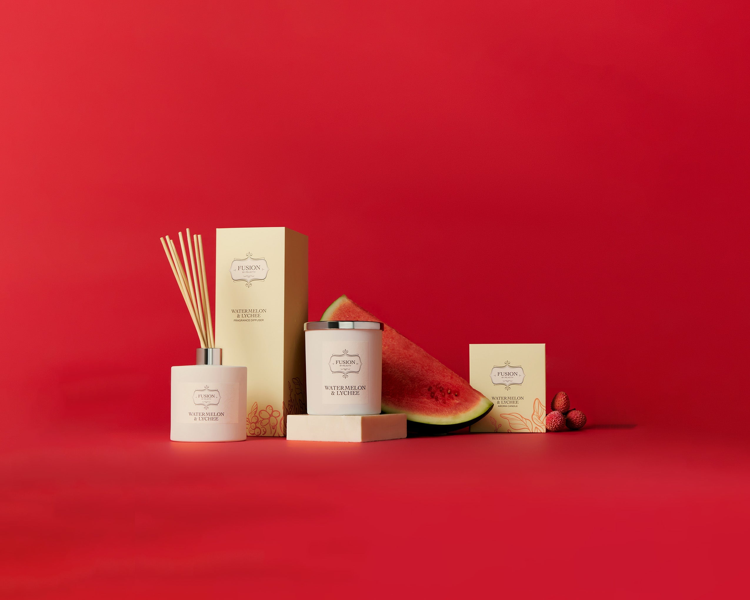 Watermelon & Lychee Scented Candle & Diffuser – Fruity Summer Bliss | Fusion by Pelactiv